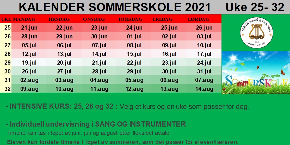 Sommerskole kalender - MAYA Musikk & Kulturskole